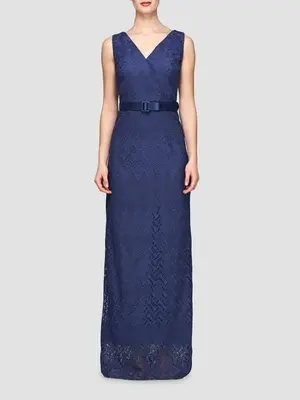 KAY UNGER Hendrix Belted Lace Column Gown