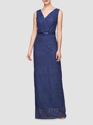 KAY UNGER Hendrix Belted Lace Column Gown