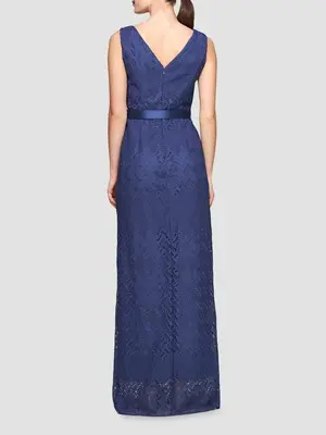 KAY UNGER Hendrix Belted Lace Column Gown