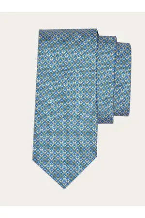 FERRAGAMO Gancini Print Silk Neck Tie - Blue