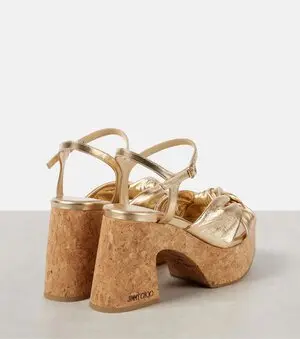 JIMMY CHOO Heloise 95 Metallic Leather Wedge Sandals - Gold