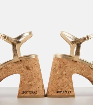 JIMMY CHOO Heloise 95 Metallic Leather Wedge Sandals - Gold