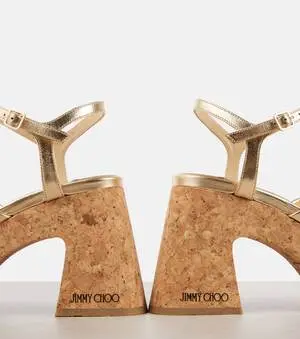 JIMMY CHOO Heloise 95 Metallic Leather Wedge Sandals - Gold