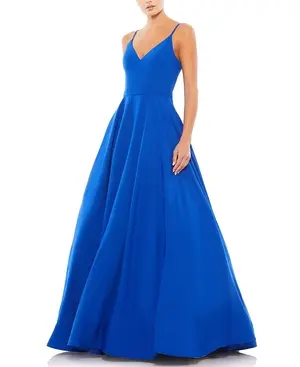 Mac Duggal V-neck A-line Ballgown With Spaghetti Straps And Pocket - Royal