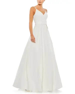 Mac Duggal V-neck A-line Ballgown With Spaghetti Straps And Pocket - White