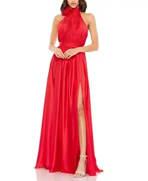 Mac Duggal Soft Tie Halter Neck Gown With High Slit - Cherry