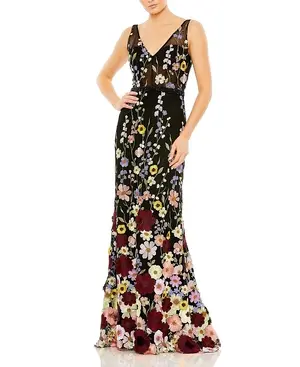 Mac Duggal Embroidered Tulle V-neck A-line Gown - Black Multi