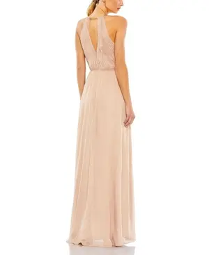 Mac Duggal Chain Trim Keyhole Halter Neck A-Line Gown - Nude | Editorialist