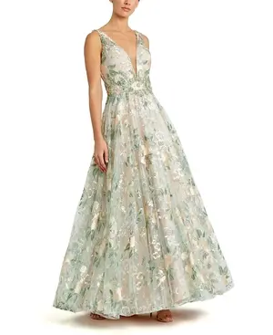 Mac Duggal Floral Embroidered Illusion V-neck Gown