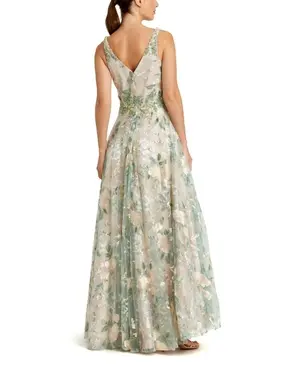 Mac Duggal Floral Embroidered Illusion V-neck Gown