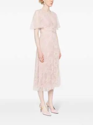 NISSA Lace-overlay Pleated Midi Dress
