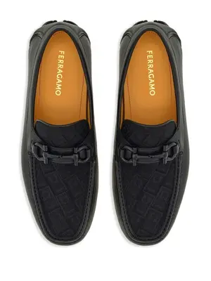 FERRAGAMO Gancini-jacquard Leather Loafers - Black