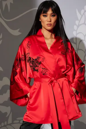Natori Dragon Luxe Charmeuse Embroidered Kimono - Red