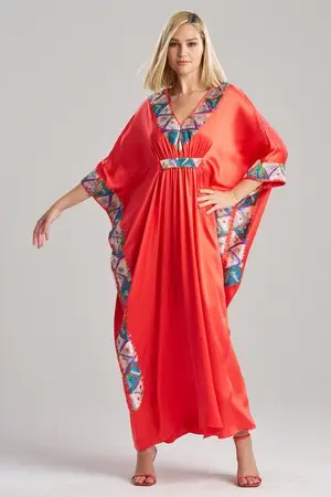 Natori Couture Toulouse Embroidered Kimono Silk Caftan - Coral