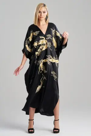 Natori Couture Lucky Dragon Embroidered Cocoon Silk Caftan - Black