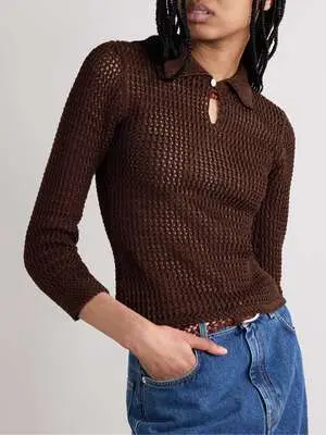 BODE Willows Crocheted Polo Shirt - Brown