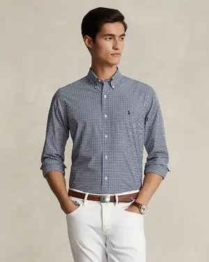 Polo Ralph Lauren Cotton Stretch Poplin Gingham Check Classic Fit Button Down Shirt Navy/white