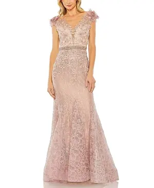 Mac Duggal Embroidered Illusion Appliqued Trumpet Gown - Mocha