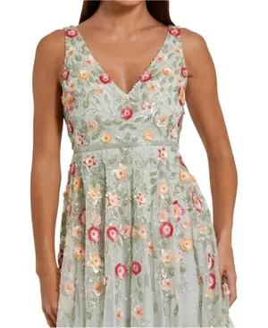Mac Duggal Floral Embellished V-neck Midi Dress - Sage Multi