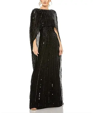 Mac Duggal Embellished Column Cape Gown - Black