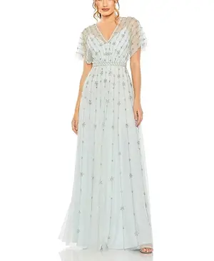 Mac Duggal V-neck Embellished Flutter-sleeve Gown - Mist