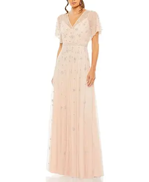 Mac Duggal V-neck Embellished Flutter-sleeve Gown - Rose