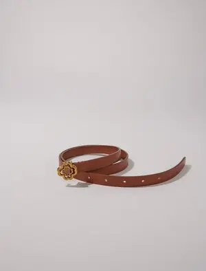Maje Slim Clover Buckle Leather Belt - Camel