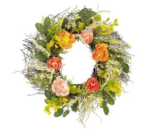 PULEO INTERNATIONAL 24' Artificial Peony Floral Spring Wreath - One-color