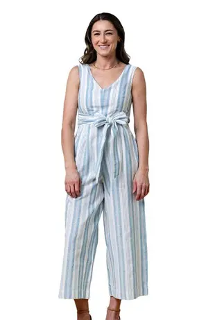 HOPE & HENRY Tie-waist Wide Leg Jumpsuit - Blue Stripe