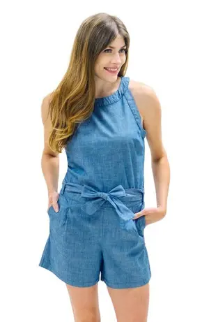 HOPE & HENRY Organic Chambray Halter Romper - Blue Chambray