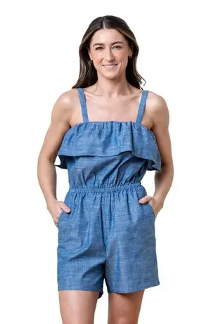 HOPE & HENRY Organic Ruffle Top Romper - Chambray Ruffle