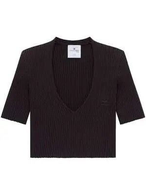 COURREGES Ribbed Knit V-neck Top - Brown