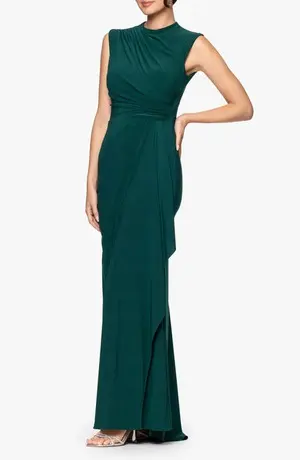 Betsy & Adam Ruched Sleeveless Gown - Forest
