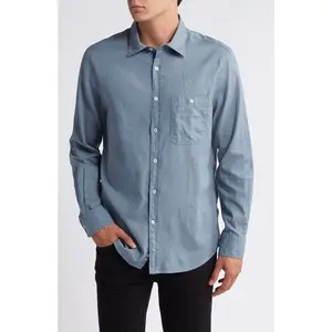 7 For All Mankind Solid Cotton & Linen Button-up Shirt Dusty Blue