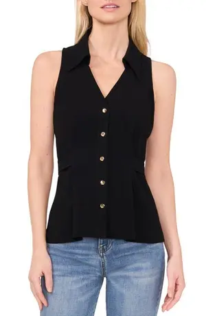 CECE DUPRAZ Collared Button-up Tank Top - Rich Black