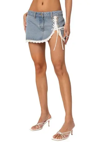 EDIKTED Lace-up Denim Miniskirt