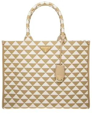 Prada Prada Symbole Large Leather-Trim Tote - Beige