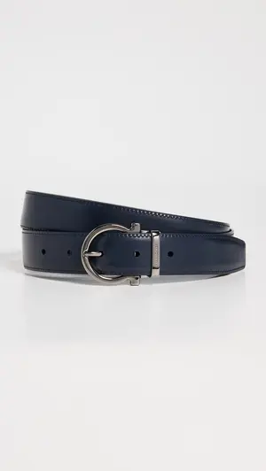 FERRAGAMO Single Gancio Reversible Leather Belt - Nero/blue Marine
