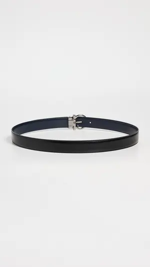 FERRAGAMO Single Gancio Reversible Leather Belt - Nero/blue Marine