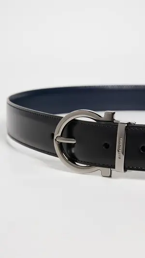 FERRAGAMO Single Gancio Reversible Leather Belt - Nero/blue Marine