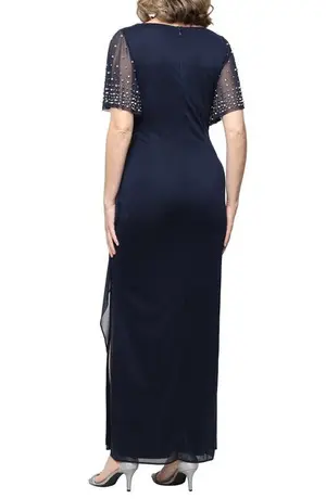 Alex Evenings Imitation Pearl & Rhinestone Embellished Gown - Navy