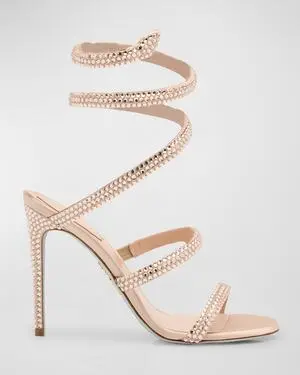 Rene Caovilla Rene Caovilla Cleo Strass Satin Snake-Wrap Sandals - Nude