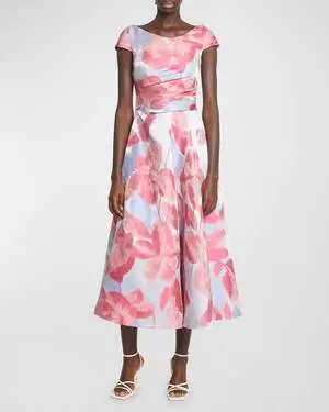 Talbot Runhof Floral Jacquard High-Neck Cap-Sleeve Midi Dress - Azalea Pink  | Editorialist