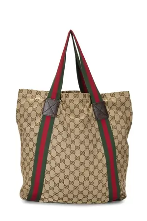 Gucci Original Gg Canvas Flat Web Tote Bag - Brown