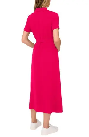 CECE DUPRAZ Tie Belt Button-up Twill Gauze Midi Dress - Brt Geranium
