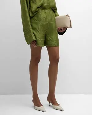 TOTEME Monogram Embroidered Silk Pajama Shorts Open Yellow