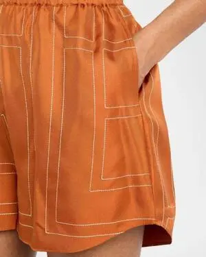 TOTEME Monogram Embroidered Silk Pajama Shorts - Rust/copper
