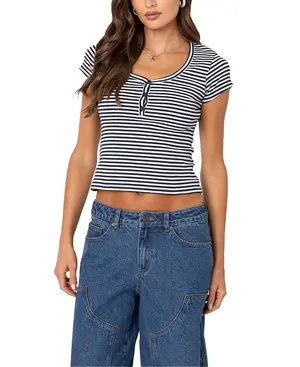 EDIKTED Striped Henley Tee - Navy