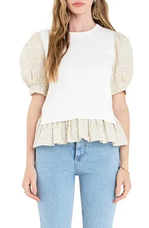 English Factory Floral Mixed Media Top - Ivory
