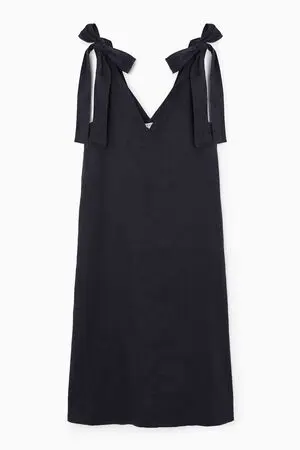 Cos Bow-Detail Linen Midi Dress In Blue - 50% Off | Editorialist